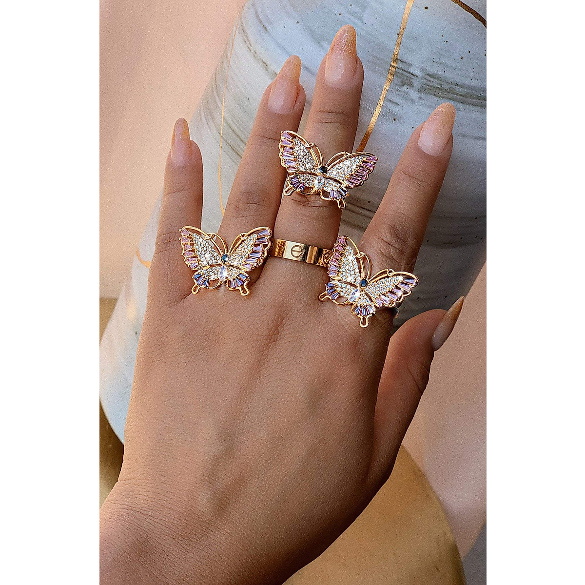 Lavencious Butterfly Design with AAA CZ Color Stones Adjustable Statement Rings for Women (Gold + Multi Color CZ)