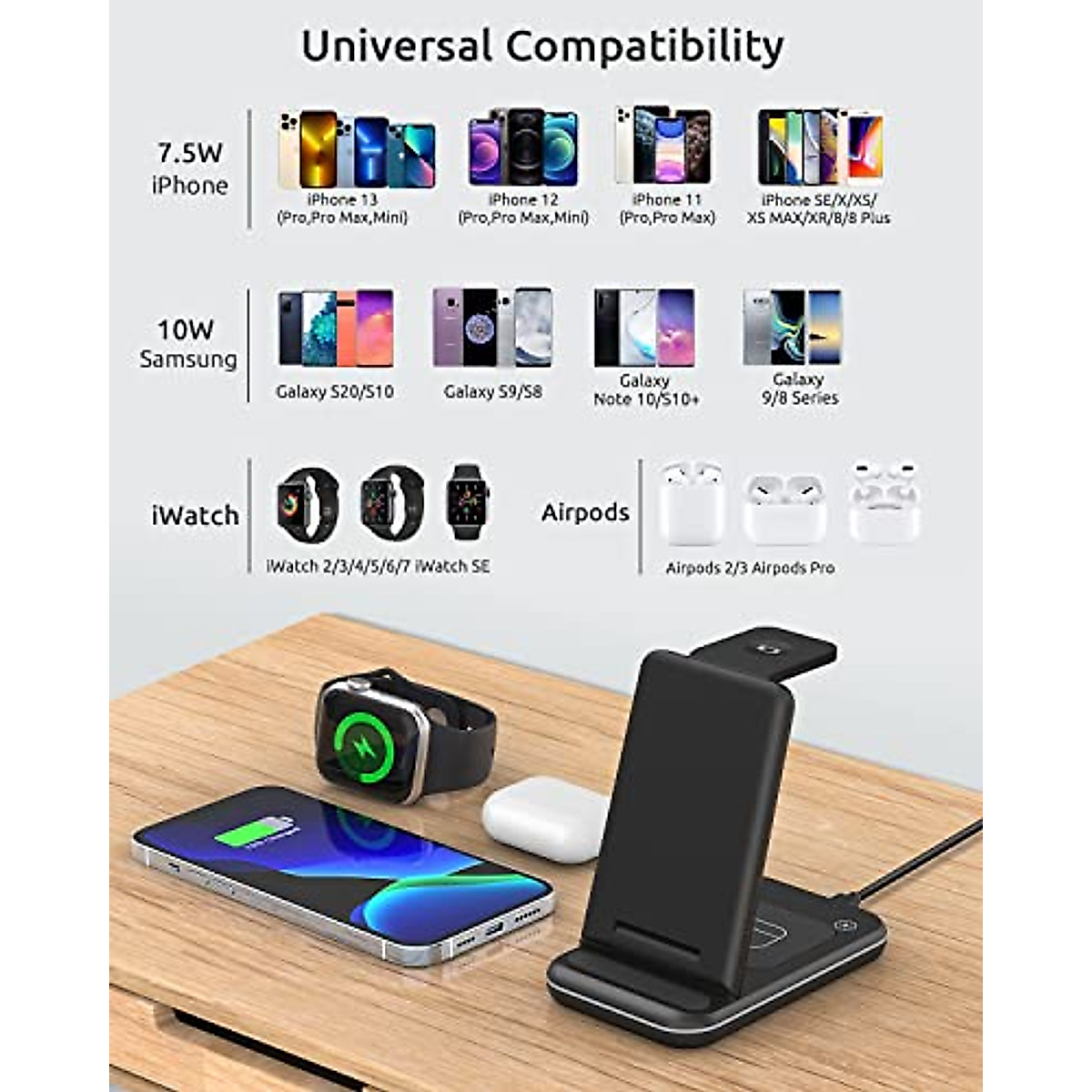 Wireless Charger, 3 in 1 Fast Wireless Charging Station, Wireless Charging Stand Dock 18W Foldable for Apple Watch SE/7/6/5/4/3/2 AirPods 3/2/Pro iPhone 13/12/11/Pro/XS/Xs Max/XR/X/SE/8/8 Plus