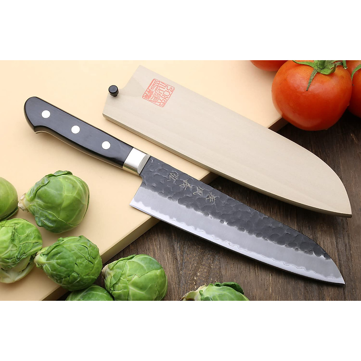 Yoshihiro Kurouchi Super Blue Steel Stainless Clad Santoku Multipurpose Chef Knife (7" (180mm) & Saya, Black Pakkawood Handle)