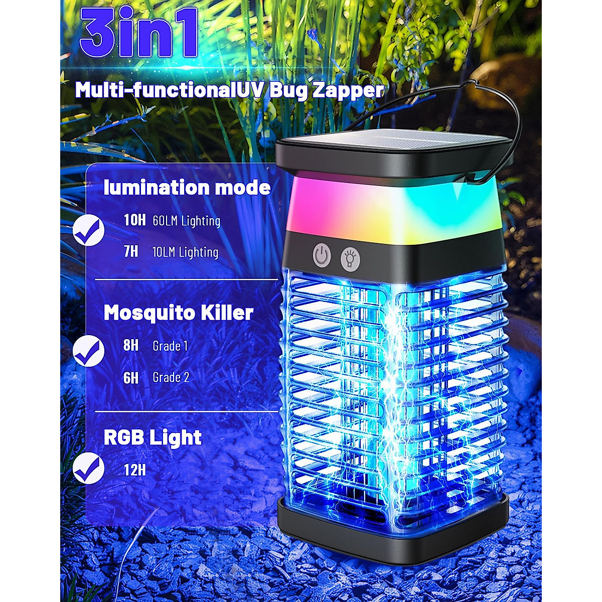 Solar Bug Zapper Outdoor Indoor, 3 in 1 Portable Electric Mosquito Zapper, Waterproof Plug in with RGB Light & Reading Lamp, Rechargeable Fly Zapper Insect Trap for Patio Camping Home Backyard
