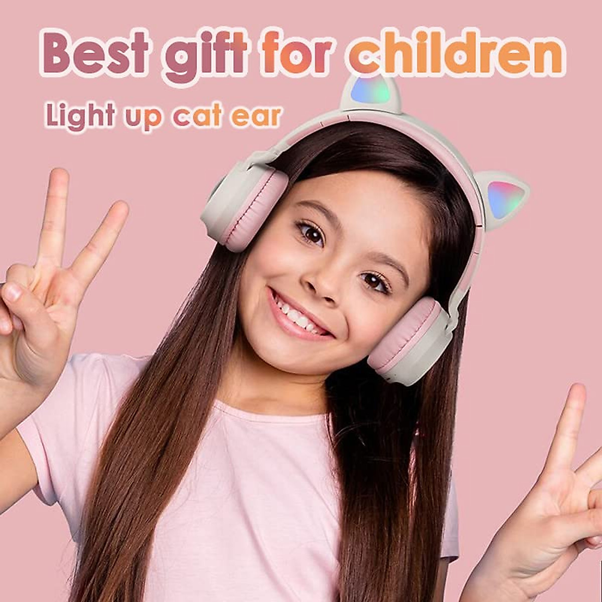 Cat Ear Kids Bluetooth Headphones Wired with Mic for School - Wireless Boy Girls Noise Cancelling Bluetooth Headphones Foldable Children Headsets for iPad Kindle Airplane Travel Tablet (Beige Pink)
