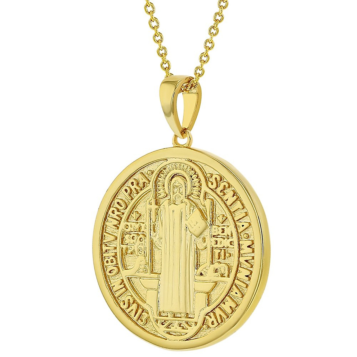 Gold Plated Reversible Religious Saint Benedict Medal Pendant Necklace Ideal for Ladies & Women 19" - Meaningful and Special Religious Jewelry Gift for Loved Ones