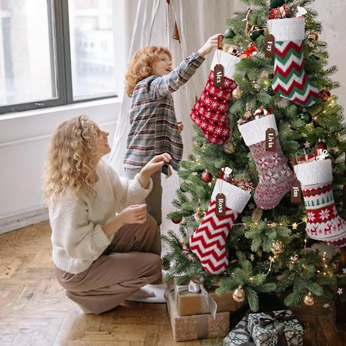 Ryoizen Christmas Stockings 5 Pack,16'' Xmas Stockings with Wool Knitted Stripe Plush Faux Fur Cuff Stockings for Stairs Fireplace Hanging Home Party Family Holiday Decor