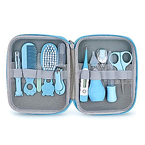 Baby Grooming Kit, Portable Baby Safety Care Set with Hair Brush Comb Nail Clipper Nasal Aspirator etc for Nursery Newborn Toddlers Infant Girl Boys Keep Clean (11 in 1 Blue)
