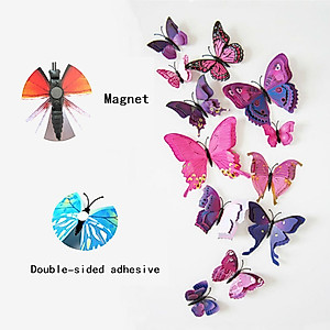 AKOAK 24 Pcs 3D Butterfly Wall Stickers, Double-Layer Wing Butterfly Art Decor Decals with Magnet and Double-Sided Adhesive for Room Home Nursery Decor,Pink/Purple
