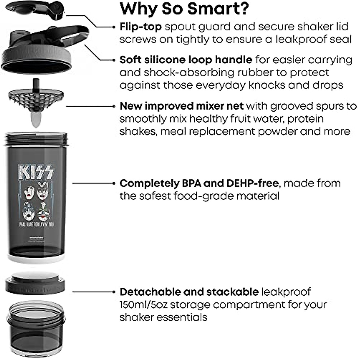 Smartshake Revive KISS Shaker Bottles for Protein Mixes 25 oz – Shaker Cup Workout Smart Shaker Bottles With Storage for Powder + Protein Shakes, Rock Band Collection