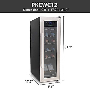 NutriChef PKCWC12 12 Bottle Cooler Refrigerator White and Red Countertop Chiller, Freestanding Compact Mini Wine Fridge with Digital Control, Stainless Steel