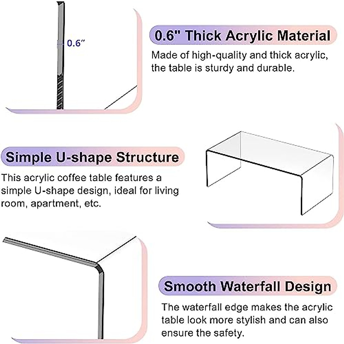 Odoor Direct Modern Waterfall Acrylic Coffee Table, 32" x 16" x 16" Acrylic Side Table with PVC Mat, Rectangle Clear Coffee Table for Living Room, Bedroom, Small Spaces, Clear