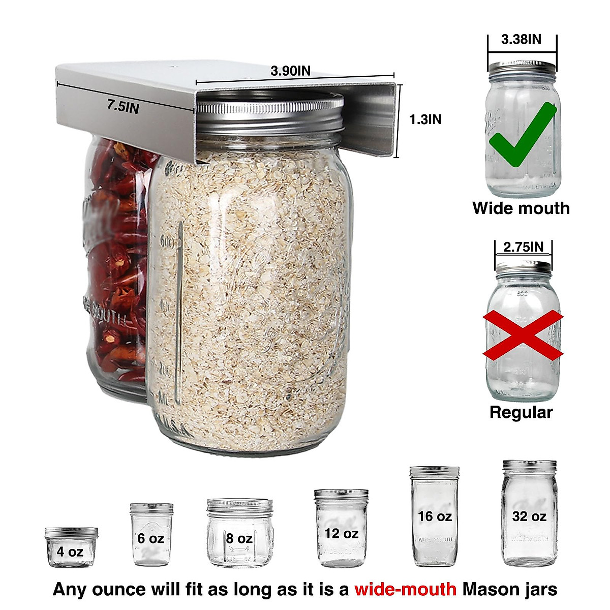 Mason Jar Organizer, Mason Jars Rack for Food Storage, Canning Jar Holder Under Kitchen Cabinet, Mason Spice Jars Hanger Brackets for 4oz, 8oz, 12oz, 16oz, 24oz, 32oz, 64oz (2 Pcs-Wide Mouth)