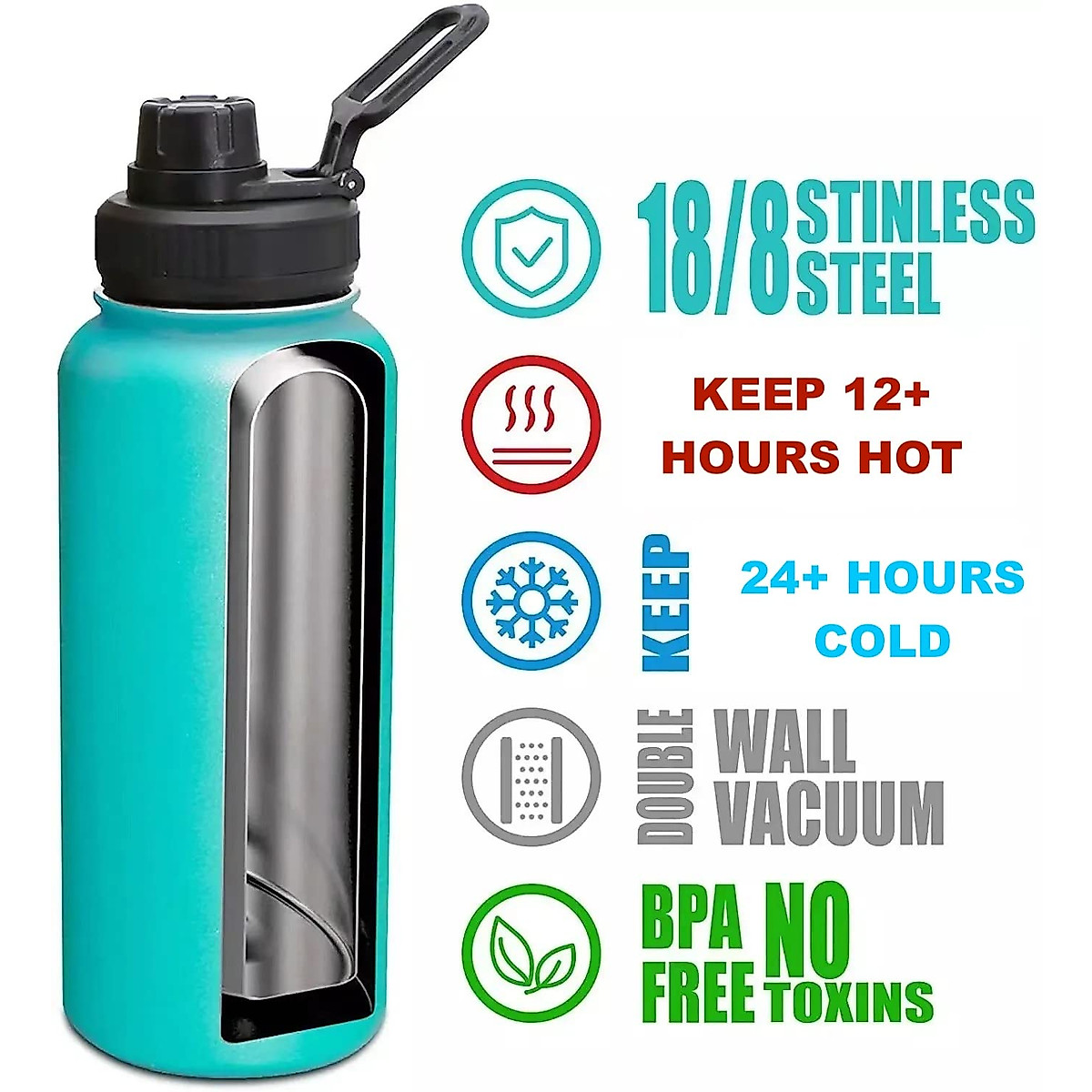 WAASS Sports Water Bottle - 32 Oz,Leak Proof, Vacuum Insulated Stainless Steel, Double Walled Hot & Cold Drink