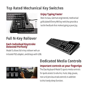 Das Keyboard Model S Wired Mechanical Keyboard, Cherry MX Blue Mechanical Switches, 2-Port USB Hub, Laser Etched Keycaps (104 Keys, Black)