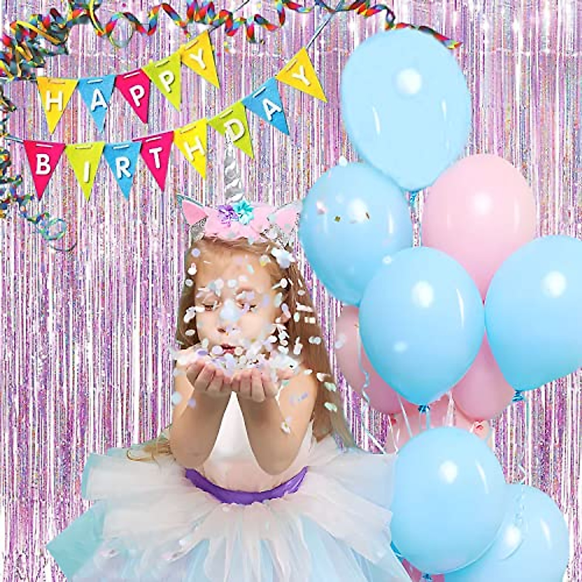 BRAVESHINE Pink Glitter Tinsel Foil Fringe Curtains - 2 Pcs 3.2x8.2 ft Metallic Holiday Photo Backdrop for Girl Princess Birthday Wedding Unicorn Bridal Shower Bachelorette Party Supplies Decorations