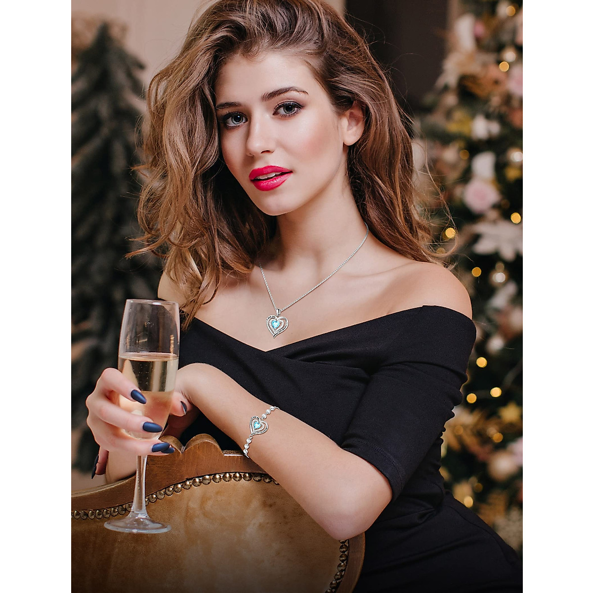 March Birthstone Necklace for Women Sterling Silver Forever Love Heart Pendant Created Aquamarine Necklace Jewelry Anniversary Birthday Gifts for Wife Grandma, 2PCS Silver Chains Length 17.7"+2"