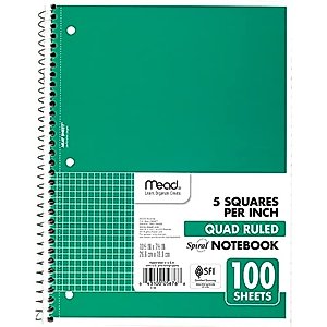 Mead Spiral Notebook, 1-Subject, Graph Ruled Paper, 7-1/2" x 10-1/2", 100 Sheets, Color Will Vary (05676)