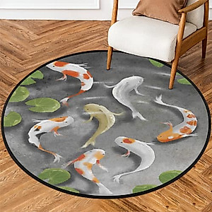 Traditional Fish Round Area Rug, Japanese Koi Fish Non-Slip Circle Rug for Bedroom Living Room Outdoor Study Playing Floor Mat Carpet, 5.2' Diameter
