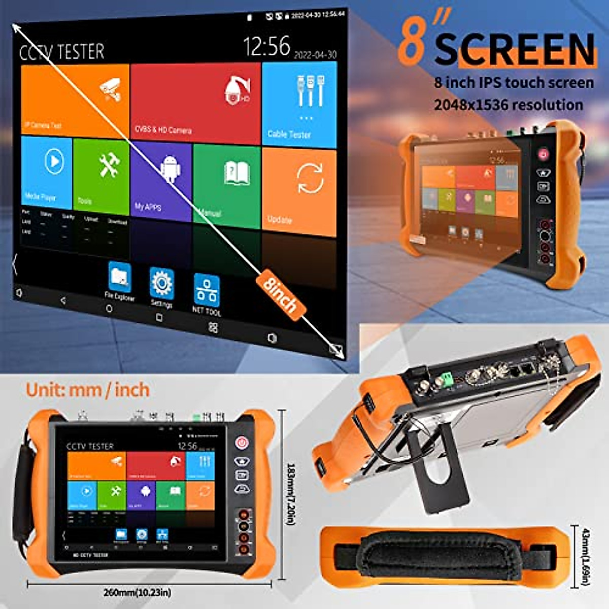 Rsrteng X9-MOVTADHS CCTV Tester,8K 32MP 12MP IP Camera Tester,4K 8MP TVI/CVI/AHD/SDI/CVBS CCTV Monitor Support DMM, OPM, VFL, TDR,Network Tools,WiFi,HDMI