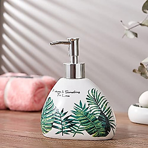 Coffeezone Irregular Shape Bathroom Accessories Set, 4 Piece Tropical Leaves Design Ceramic Bath Accessory Set with Soap Pump Dispenser, Toothbrush Holder, Tumbler & Soap Dish