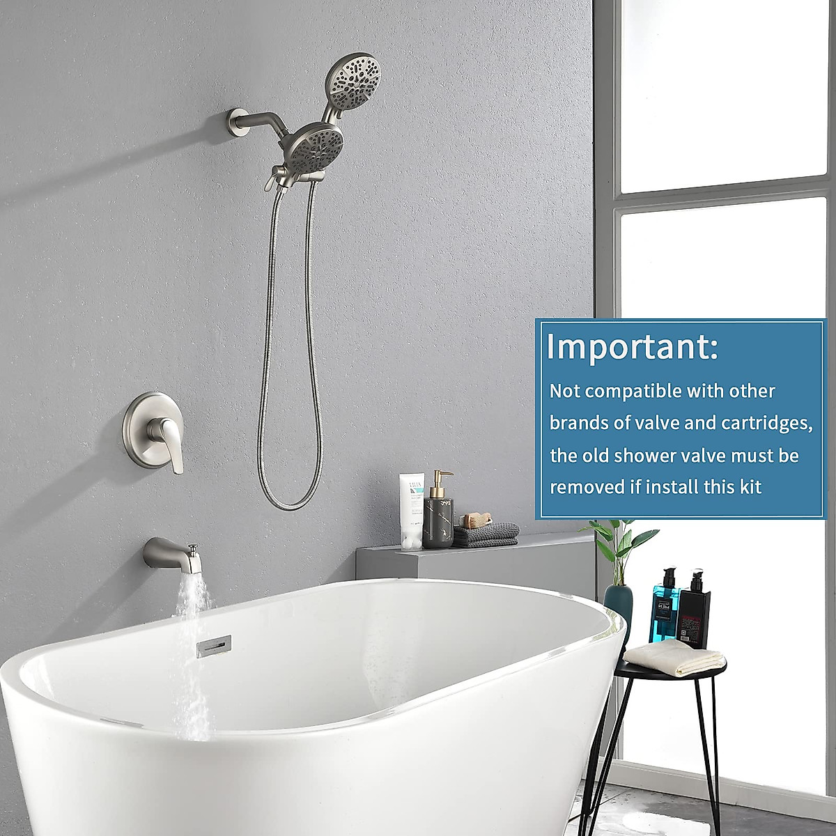 Shower Tub Kit Dual Shower System with Tub Spout Tub and Shower Faucet Set Complete Dual Shower Head and Handheld Combo Set Tub and Shower Trim Kit Brushed Nickel 88056BN