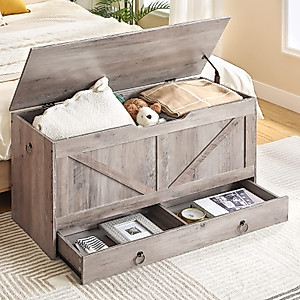 HOOBRO Storage Chest, 39.3" Toy Chest with Drawer, Wooden Storage Bench, Sturdy Entryway Bench Supports 220 lb, Shoe Bench, Safety Hinge, U-Shaped Opening, Easy Assembly, Greige BG710CW01