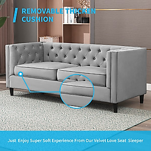 Mjkone Velvet Sofa 69'' W, Compact Loveseat Couch with Solid Wood Legs, Button Tufted Futon for Small Spaces, Mid-Century Modern Style Big 2 Seat Couch for Living Room, Apartment, Office - Dark Gray
