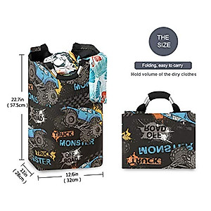 susiyo Abstract Monster Truck Car Laundry Basket Collapsible Laundry Hamper Foldable Dirty Clothes Bag Large Storage Basket with Handles for Kid Room Toy Bin Bathroom Clothing Organizer