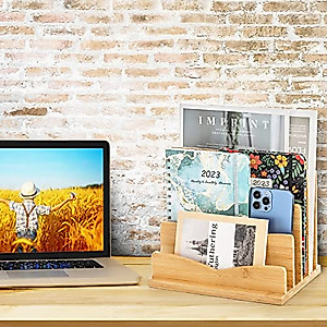 TOPZEA Mail Organizer Countertop, Bamboo Desk File Organizer Desktop File Holder 4 Slots Vertical Mail Sorter Holder file Rack Stand Letter Sorter Wood Desk Organizer for Envelope Document File Folder