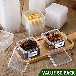 Blushtier 50 Sets 12 oz Square Deli Containers with Lids Stackable Plastic Freezer Food Storage Clear Dessert Containers with Freezer Labels for Takeout Meal Prep Storage, Microwave and Freezer Safe