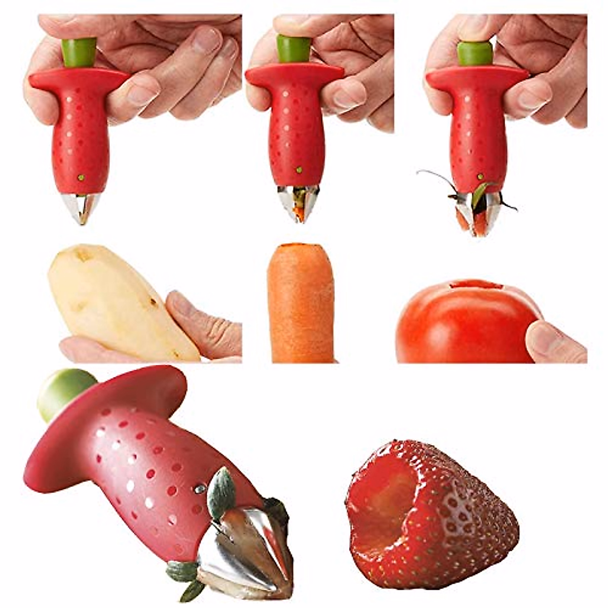 Strawberry Huller Stem Remover and Strawberry Slicer Set,Potatoes Pineapples Carrots Tomato Corer Slicer Cherry Pitter,Fruit Picker Stalks Tools,Stainless Steel Blade Kitchen Tools and Gadgets
