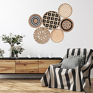 Set of 14 Boho Wall Basket Decor Round Flat Bamboo Rattan Basket Decorative Hanging Woven Basket with Macrame Tassels Handmade Wall Tapestry for Bedroom Living Room Kitchen Farmhouse Crafts