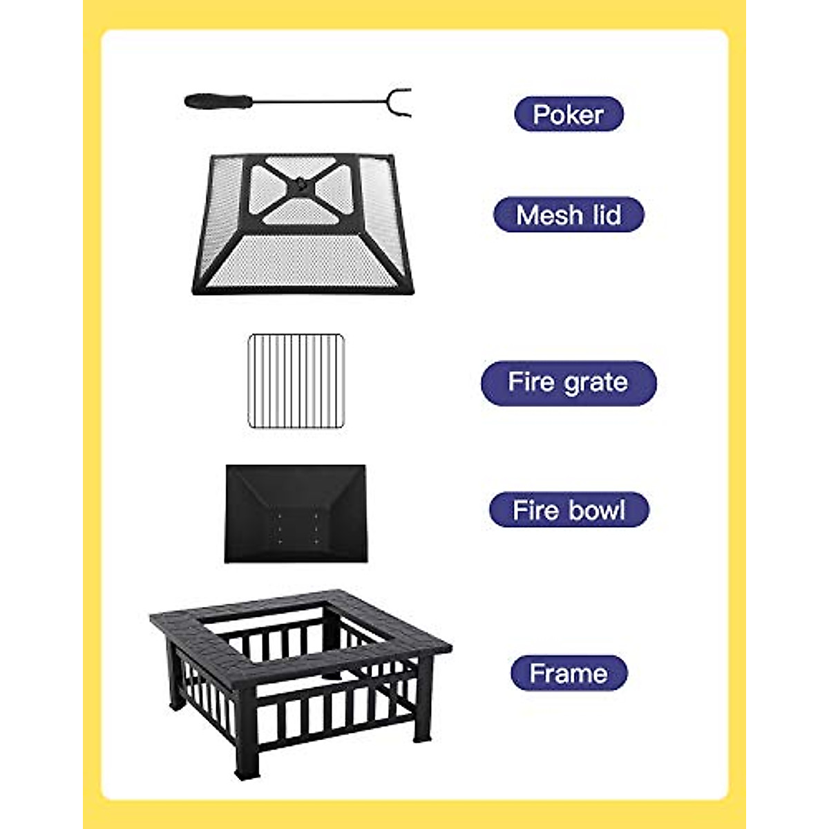 Outdoor Fire Pit,32 inch Square Metal Firepit for Patio Wood Burning Fireplace Garden Stove with Poker Mesh Cover,Charcoal Rack for Camping Picnic Bonfire Backyard