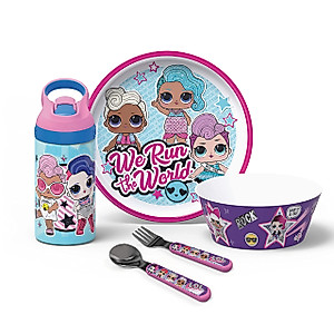 Zak Designs L.O.L. Surprise! Series Kids Plate, Bowl, Water Bottle & Flatware Set, Series 1-3 Characters, 5-piece set