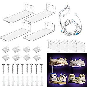 Floating Shoe Display Shelf with Lights Set of 4, Glow Color Changing Sneaker Shelf- Display Sturdy Levitating Clear Acrylic Shoe Wall Shelf Easy to Install with 20-Color LED for Bedroom, Hallway etc