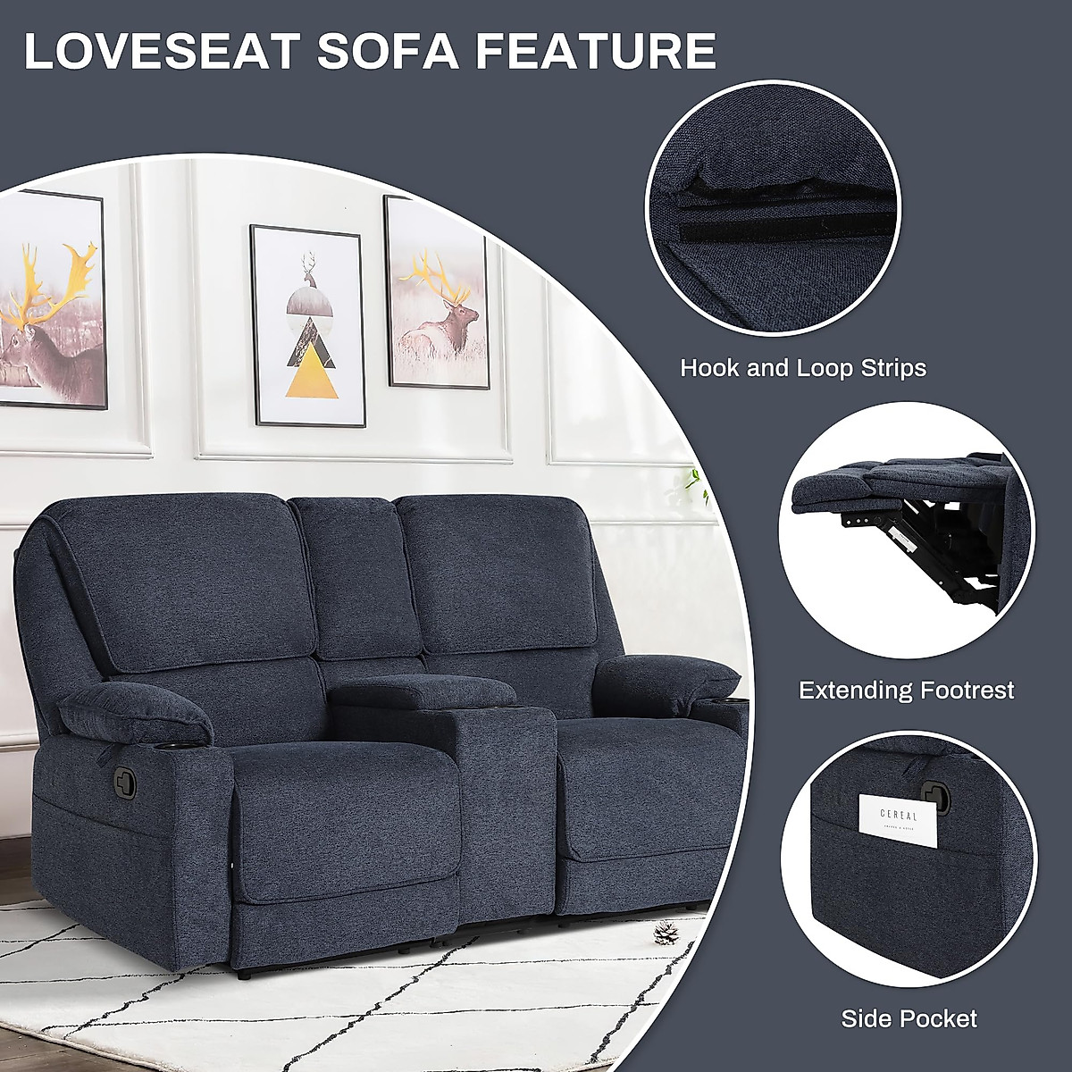 KIGOTY Loveseat Recliner Sofa,2 Seat Reclining Loveseat,Manual Recliner Sofa,Home Theater Seating with Storage Console，RV Love Seat Couch Chair with 4 Cup Holders,Navy Blue