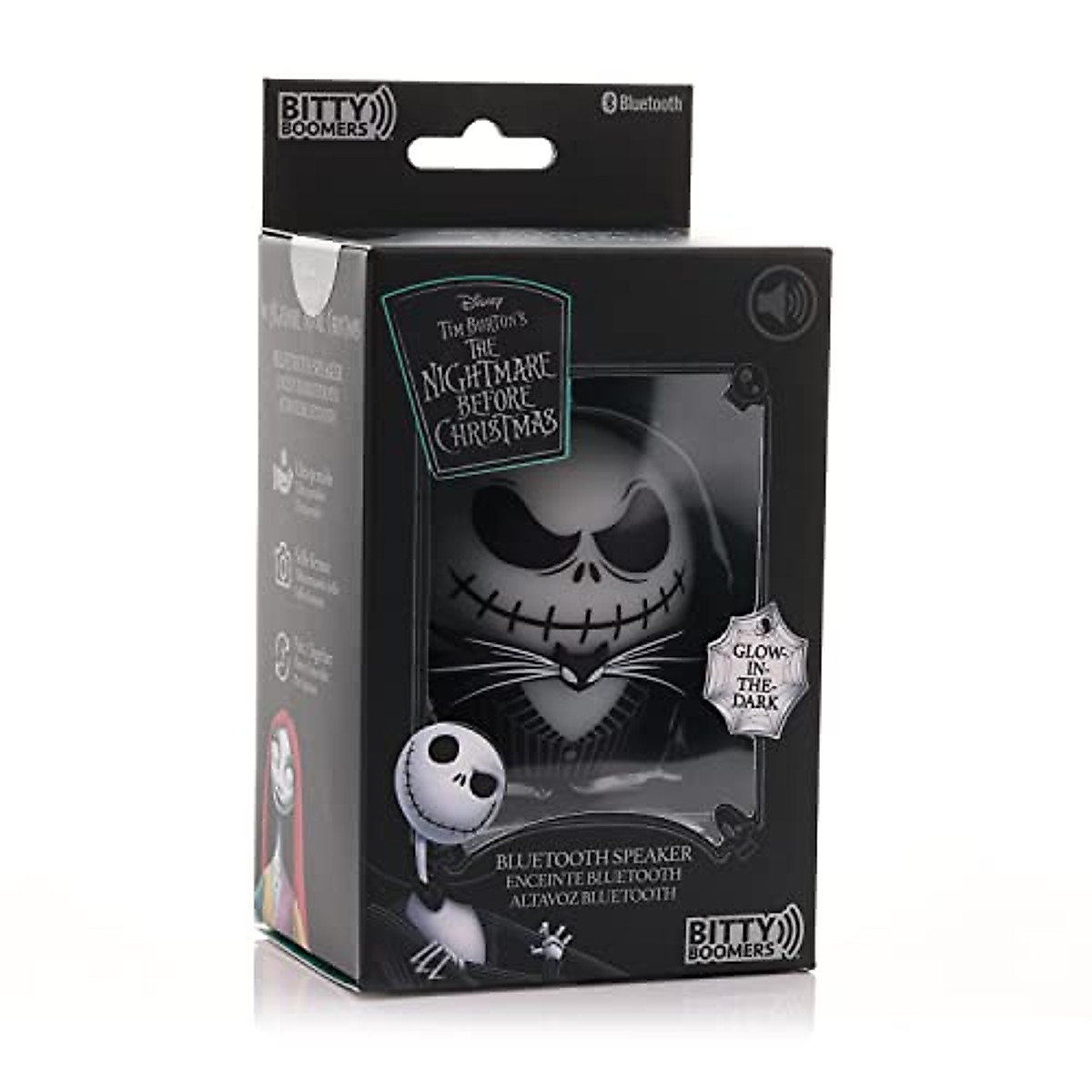 Bitty Boomers Disney: Tim Burton's The Nightmare Before Christmas - Jack Skellington Vengeful Face - Glow in The Dark - Mini Bluetooth Speaker, Multicolored