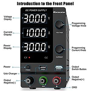 IKococater DC Power Supply Variable 30V 10A with Output Switch, Adjustable Regulated Switching Bench Power Supply with 4-Digits LED Power Display, 5V/2A USB Interface, Accurate Encoder Adjustment Knob