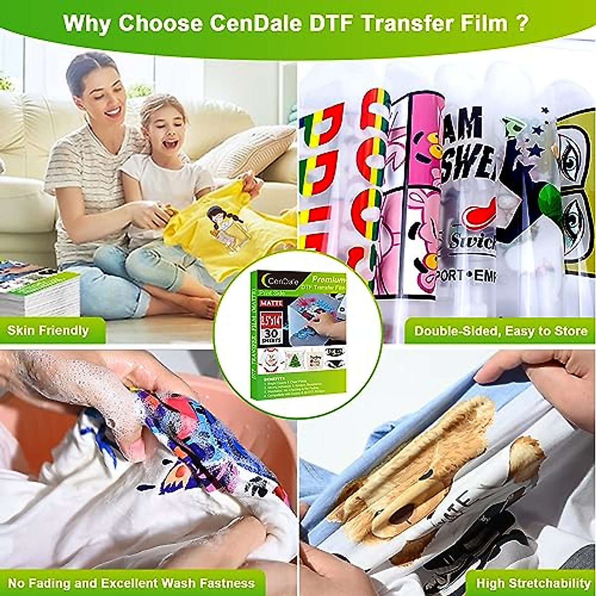CenDale DTF Transfer Film 8.5"x14" - 30 Sheets Premium Thick Double Sided DTF Film for Sublimation Hack, Direct to Film Printing on Dark and Light T-shirts, Cold & Hot Peel DTF Paper, 140gsm Matte