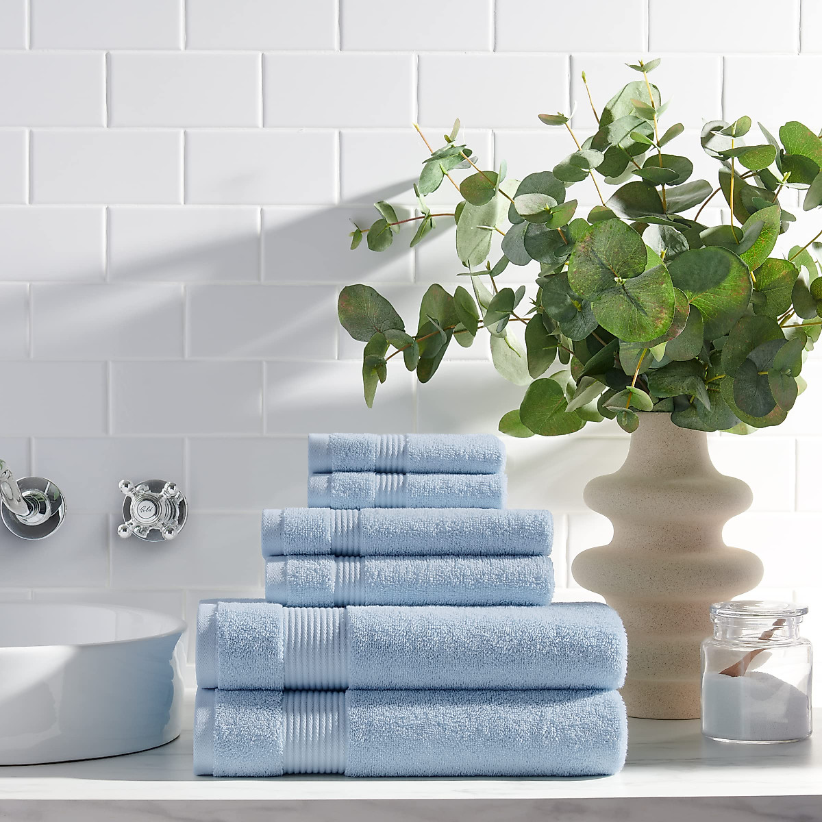 Arkwright Bath Towels Set of 6 - Super Soft 100% Cotton, 600 GSM Quick Dry & Absorbent, Luxury Bathroom Essentials with 2 Shower Towels, 2 Hand Towels and 2 Washcloths, Misty Blue