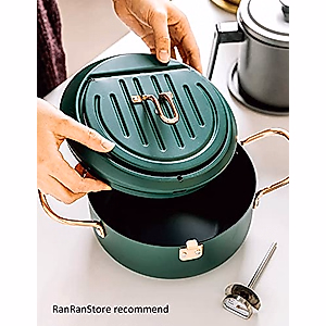 Cyrder Japanese Tempura Deep Fryer Pot with Fahrenheit Thermometer, Nonstick Carbon Steel Oil Fryer, Fried tempura/chicken/fish/shrimp, Easy Clean, Green big tempura pan, 9.5inch