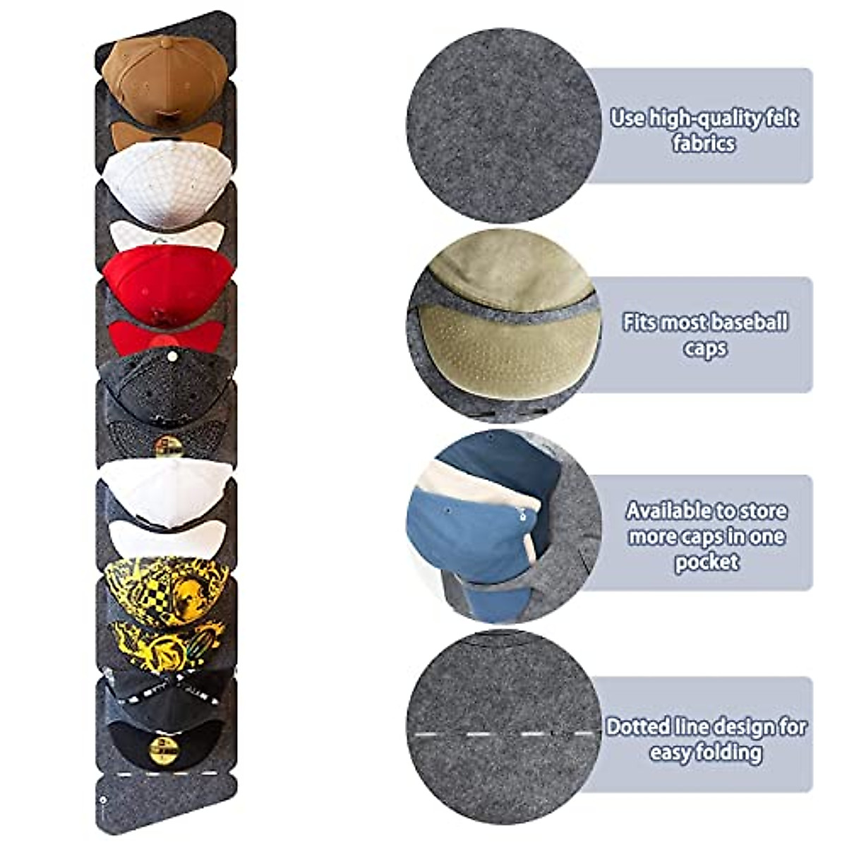 Hat Rack for Baseball Caps, 7 Pockets for Hat Organizer, Cap Display Rack, Hanging Hat Organizer to Keep Hat Shape, Hat Organizer Storage