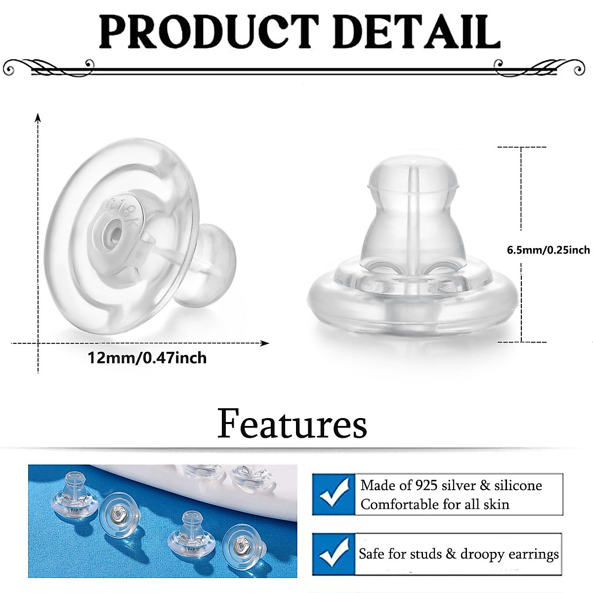 Earring Backs, Silver Silicone Locking Secure Earring Backs for Studs, Hypoallergenice Silicone Earring Backs Replacements for Studs/Droopy Ears, No-Irritate Earring Backs for Adults (Silver)