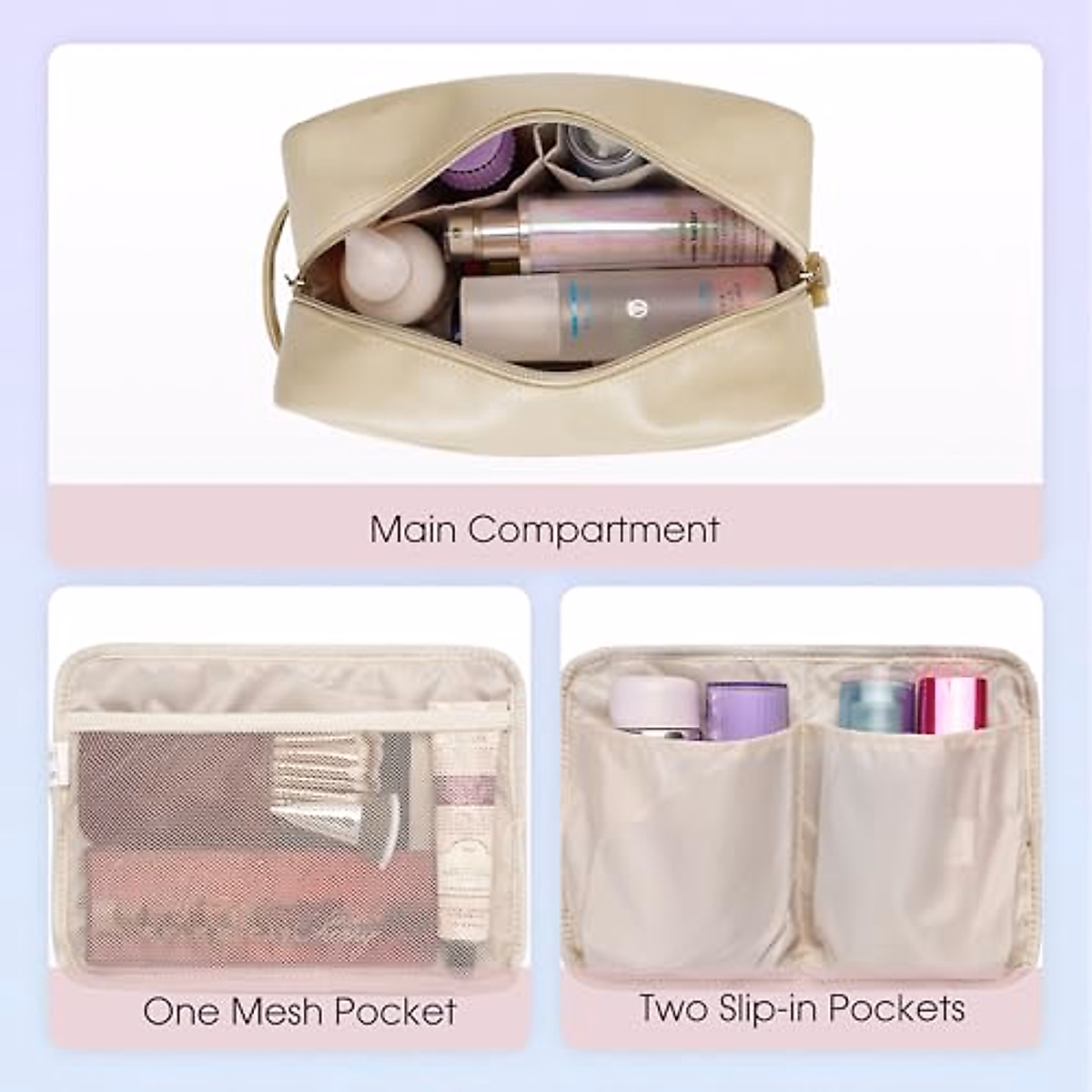 Wandering Nature Large Makeup Bag Travel Cosmetic Organizer Toiletry Bags for Women with Handle and Slip-in Pockets Vegan Leather