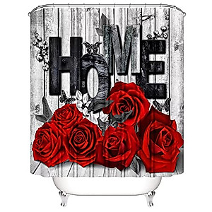Yddsky Red Rose 4 Pcs Shower Curtain Sets Non-Slip Rugs Bath Mat Toilet Cover U Shaped Mat Black Red Shower Curtain with 12 Hooks Red Rose Valentine's Day Bathroom Set