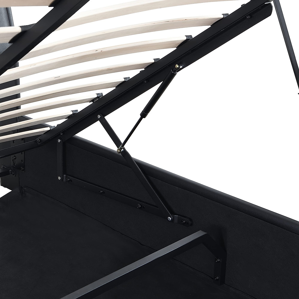 EMKK Lift Up Storage Platform Bed Frame Upholstered Queen Size beds with Upholstered Faux Leather Headboard Wooden Slat Support and Hydraulic Under Bed Storage