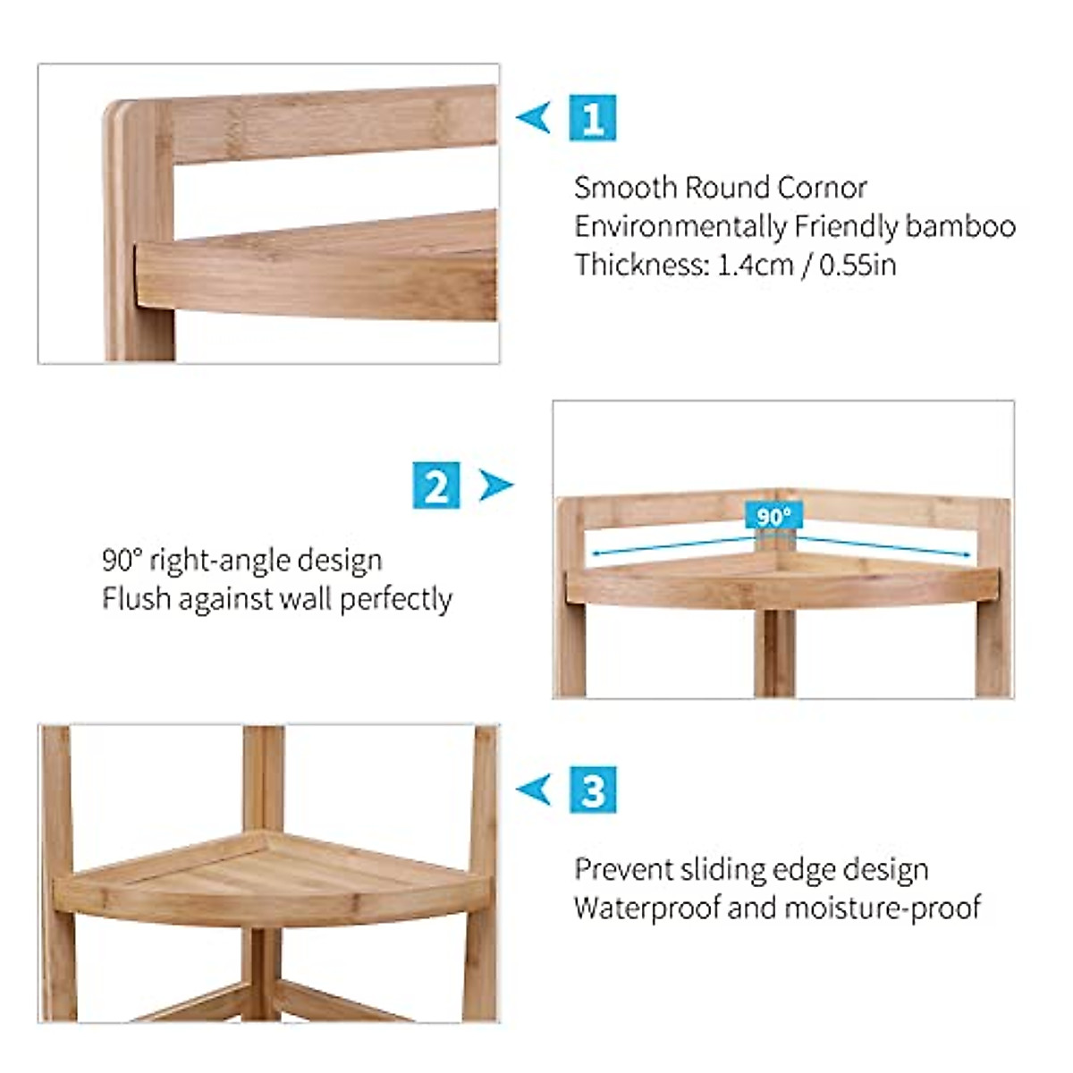 GREEHOMEDE 3 Tier Bamboo Corner Shelf Storage Rack, Free Standing Corner Rack Multipurpose Shelving Unit, Living Room Bathroom Kitchen Shelf Storage, 33.5''