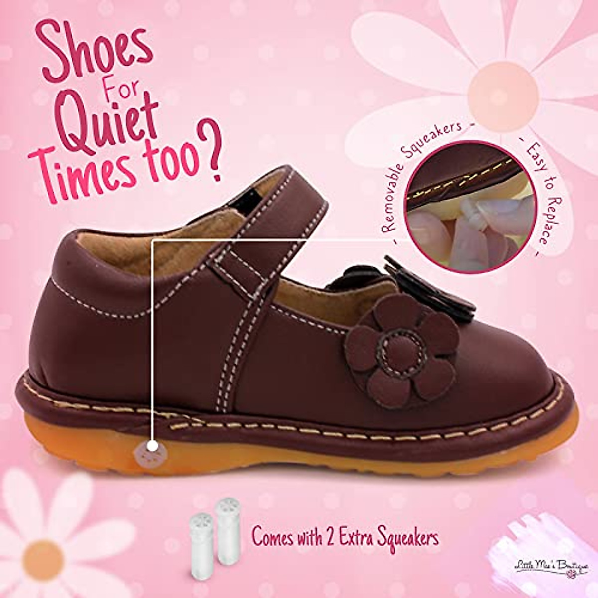 Little Mae's Boutique Mary Jane Brown Three Flower Squeaky Shoes for Toddler Girls, Ideal Toddler Walking Shoes with Removable Squeaker and Adjustable Strap - Flexible Sole Baby Shoes (4)