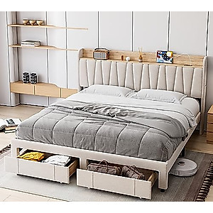 GAOMON King Size Bed Frame with 2 Storage Drawers, Upholstered Platform Bed Frame with Storage Headboard and Charging Station, Mattress Foundation with Solid Wooden Slats Support, No Box Spring Needed, White