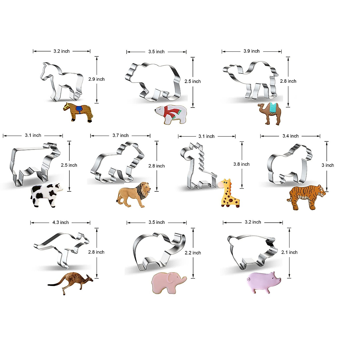 Animal Cookie Cutters Shapes for Kids Baking Large - Safari Zoo Animals 10 Piece Cookie Cutter Set with Horse, Polar Bear, Camel, Cow, Lion, Giraffe, Tiger, Kangaroo, Elephant, Pig Cookie Cutter Mold