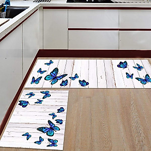 Farmhouse Style Kitchen Mats for Floor Cushioned Anti Fatigue 2 Piece Set Kitchen Runner Rugs Non Skid Washable Butterfly Vintage Wooden Plank