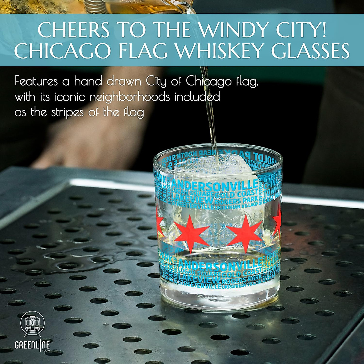 Greenline Goods Whiskey Glasses - 10 Oz Tumbler Set for Chicago lovers, Chicago Flag & Neighborhoods | Old Fashioned Rocks Glass - Set of 2