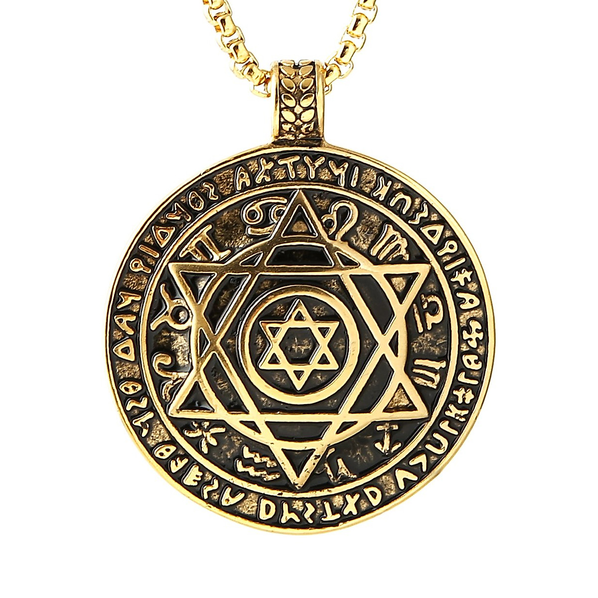HZMAN Talisman Seal Solomon Six-pointed Star 12 Constellation Pendant stainless steel Necklaces 24" Chain (Gold)